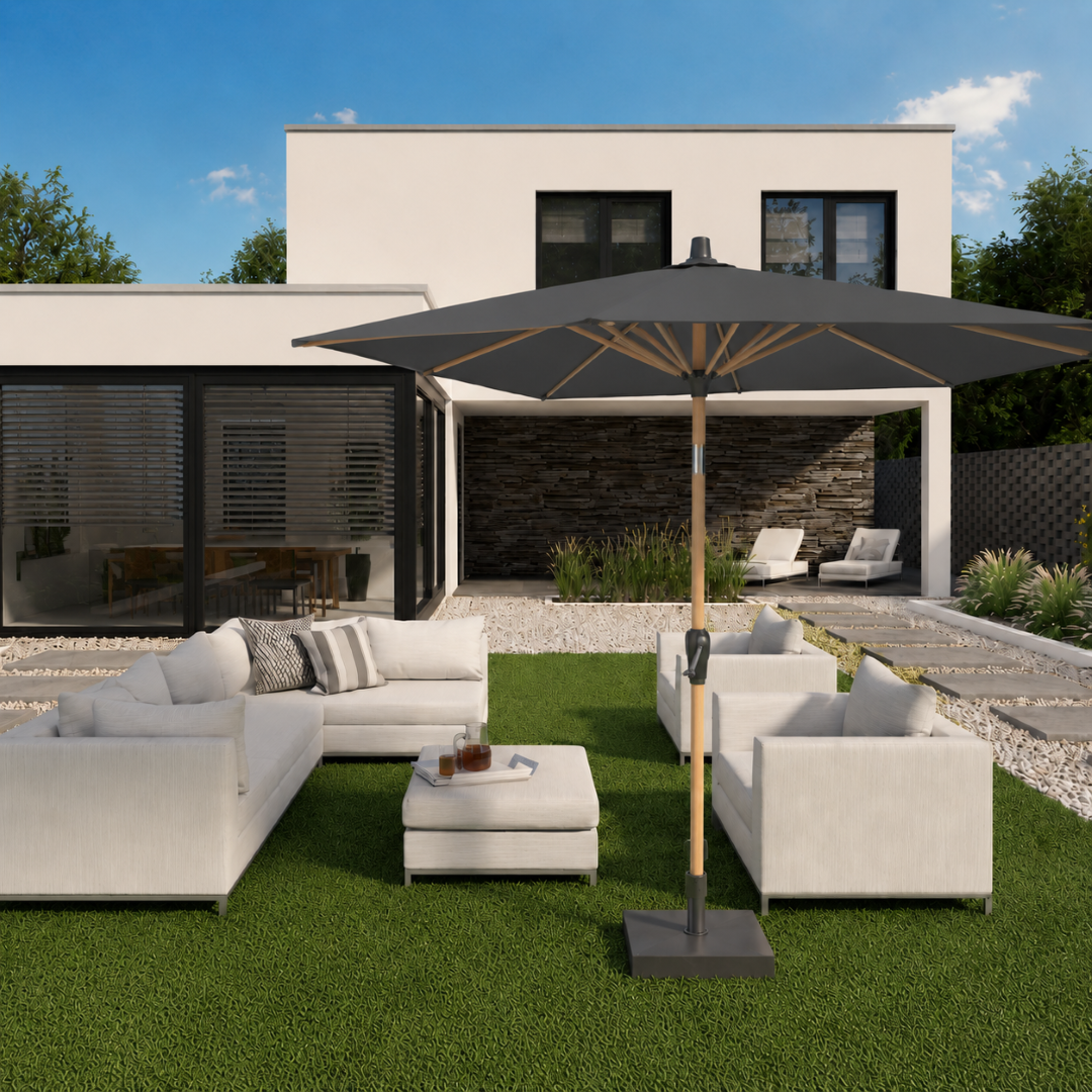 Parasol D300 cm – Anthracite Grey Fabric and Teak Look Frame - OK Home